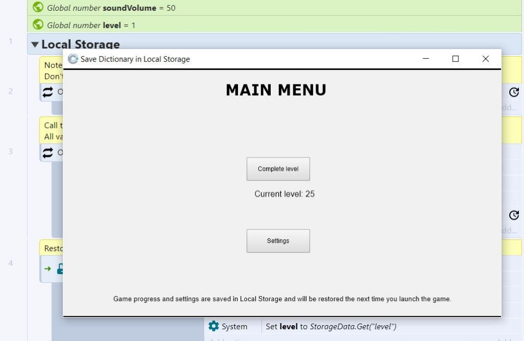 Easily save lots of values in Local Storage - game progress, settings ...